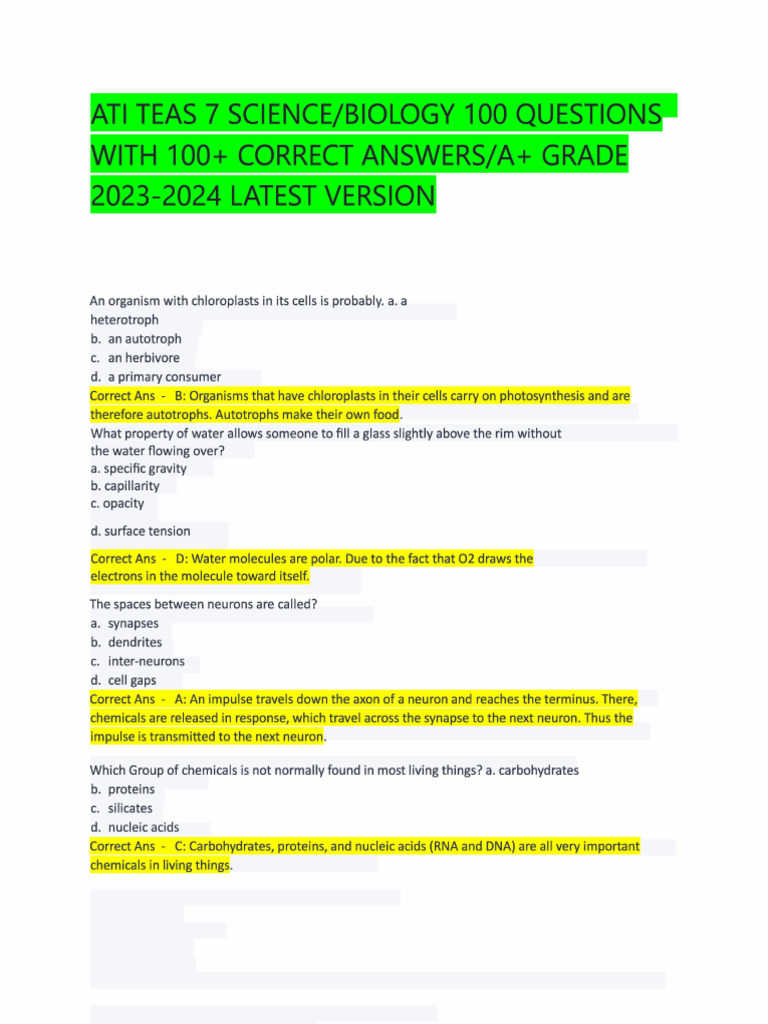 FTI TEAS 7 Science/Biology Q&A Guide | PDF | Hydroxide | Acid