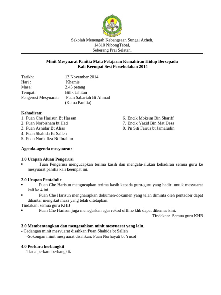 Minit Mesyuarat KHB 4 2014 | PDF