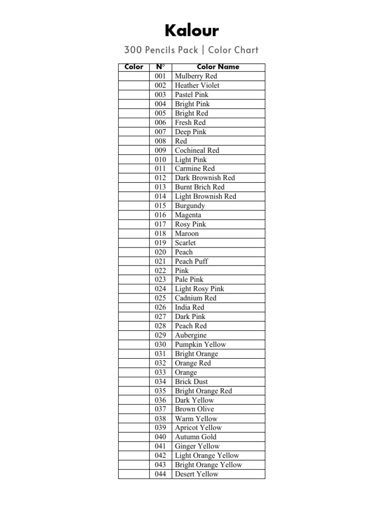 Kalour 300 Pencils Color Chart (No Official) | PDF | Blue | Green