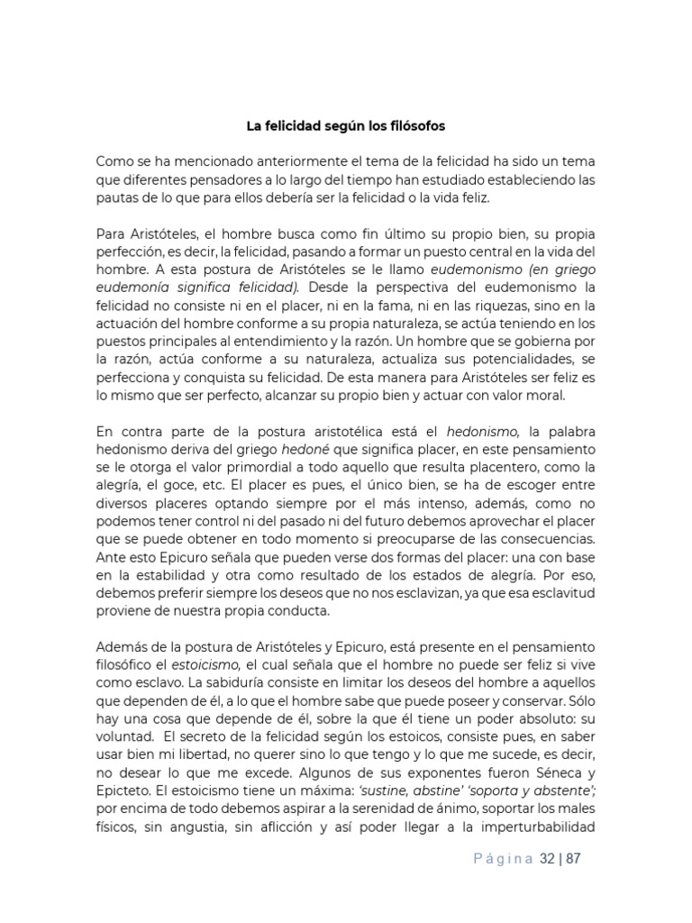 Filosofía de la Felicidad | PDF | Felicidad | Placer