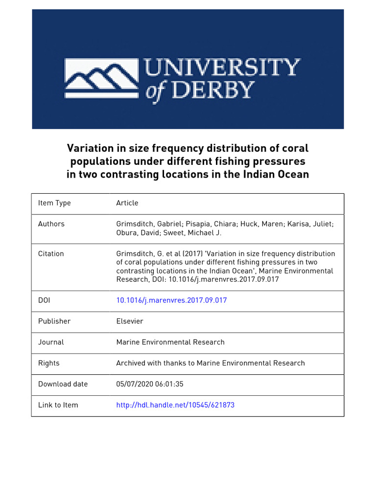 Variation in Size Frequency Distribution of Coral Populations Under ...