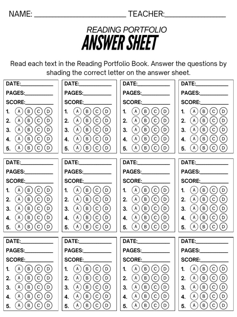 Reading Portfolio Answer Sheet | PDF
