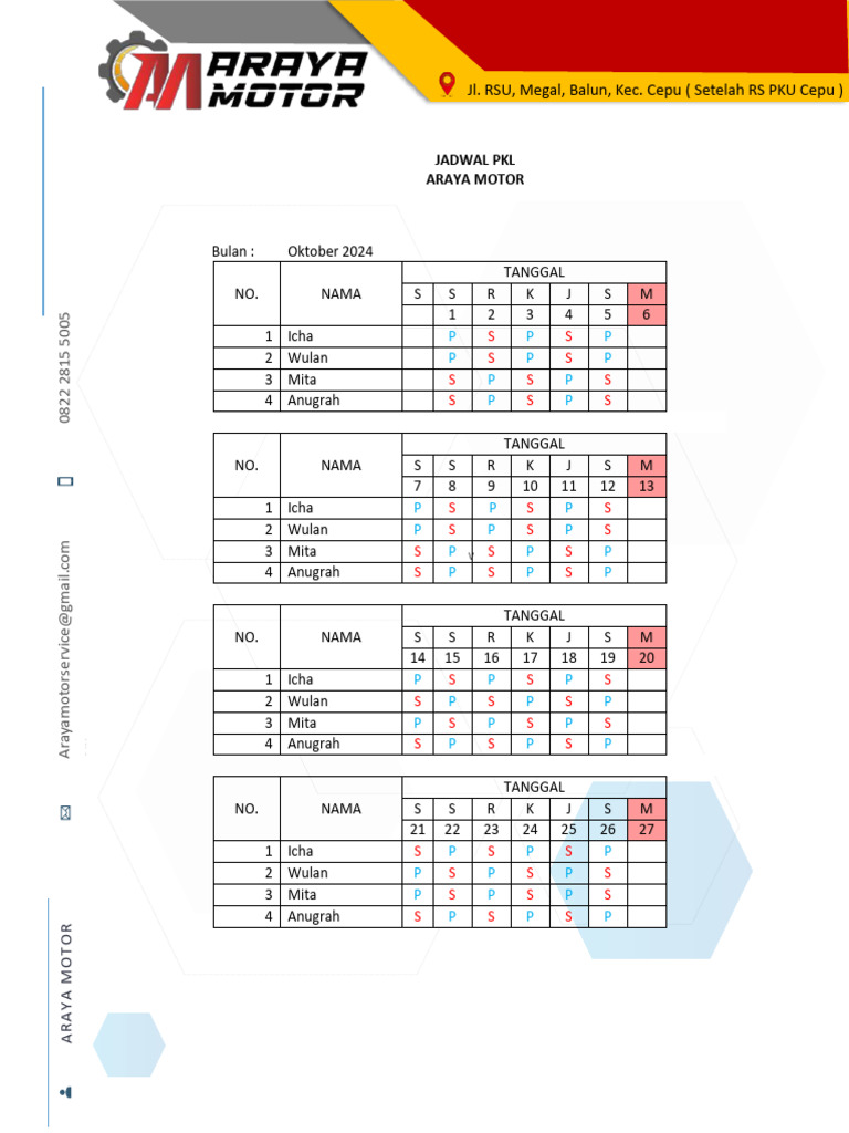 Jadwal PKL Araya Oktober | PDF