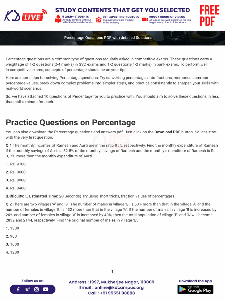 Percentage Questions PDF With Detailed Solutions | PDF