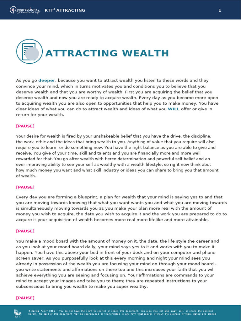 RTT® Attracting Wealth - Script | PDF | Wealth | Mind