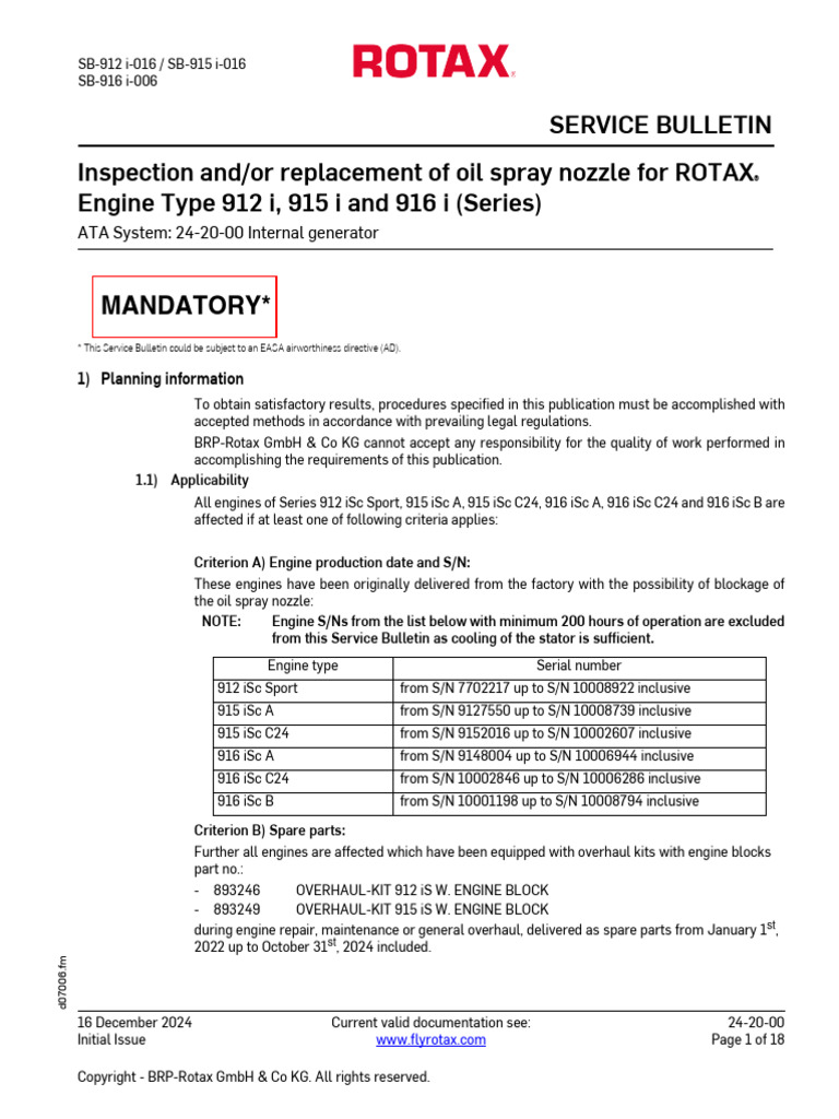 Service Bulletin Inspection And/or Replacement of Oil Spray Nozzle For ...
