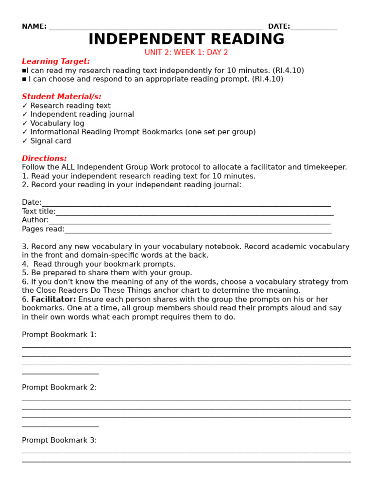 INDEPENDENT READING UNIT 2-Week 1, Day 2 | PDF | Vocabulary | Learning ...