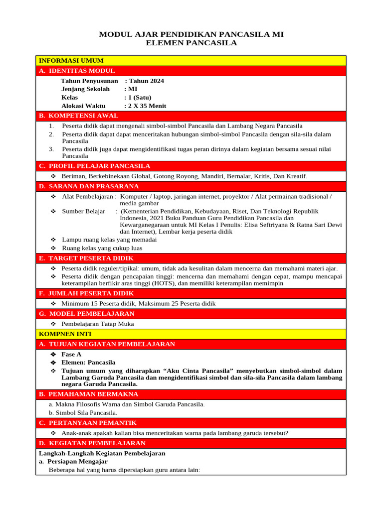 Modul Ajar Pancasila Kelas 1 MI | PDF