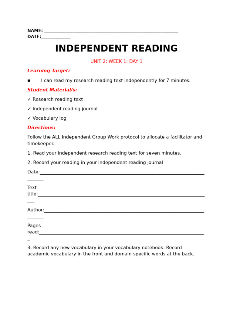 INDEPENDENT READING Week 2, Day 2 | PDF