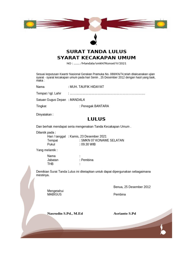 Surat Tanda Lulus Sku | PDF