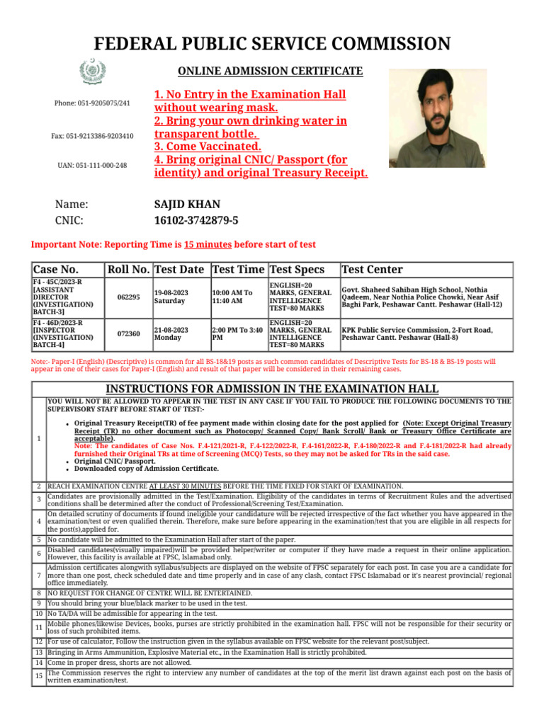 FPSC Admission Certificate Instructions | PDF