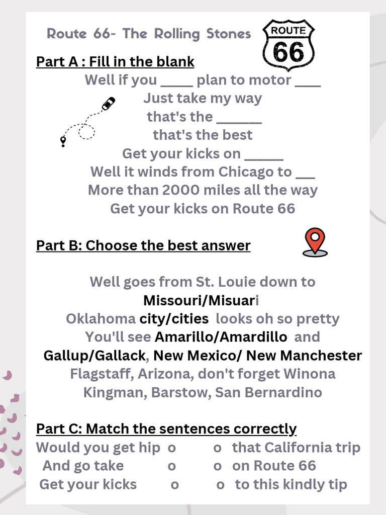 Route 66 Lyrics Quiz | PDF