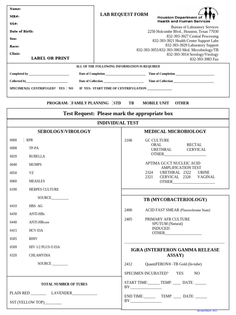2012 Lab Request Form Rev 02Mar12 | PDF | Sexually Transmitted Diseases ...