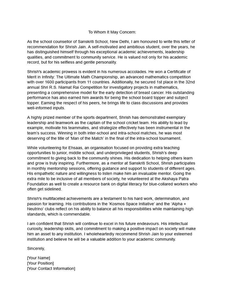 Recommendation for Shrish Jain | PDF | Mentorship | Leadership