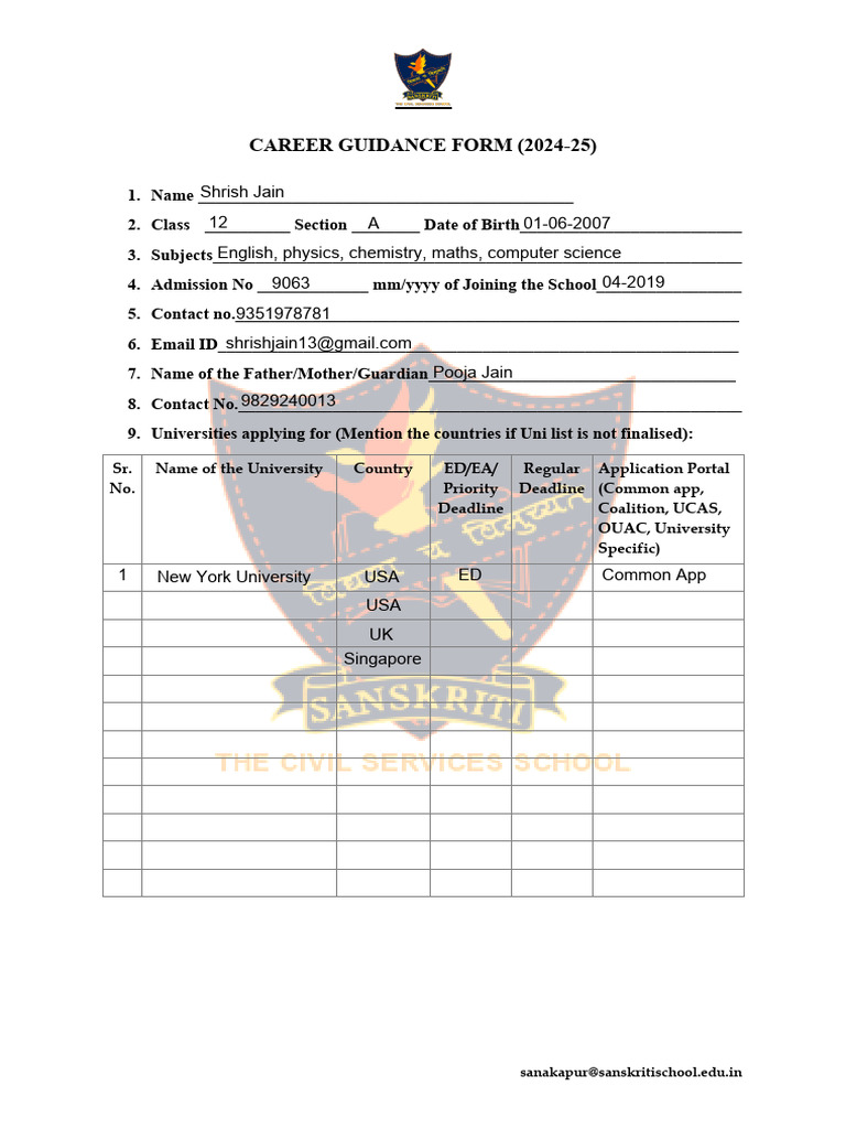 Career Guidance Form 2024-25 (1) - 3 | PDF | Recruitment | Educational ...