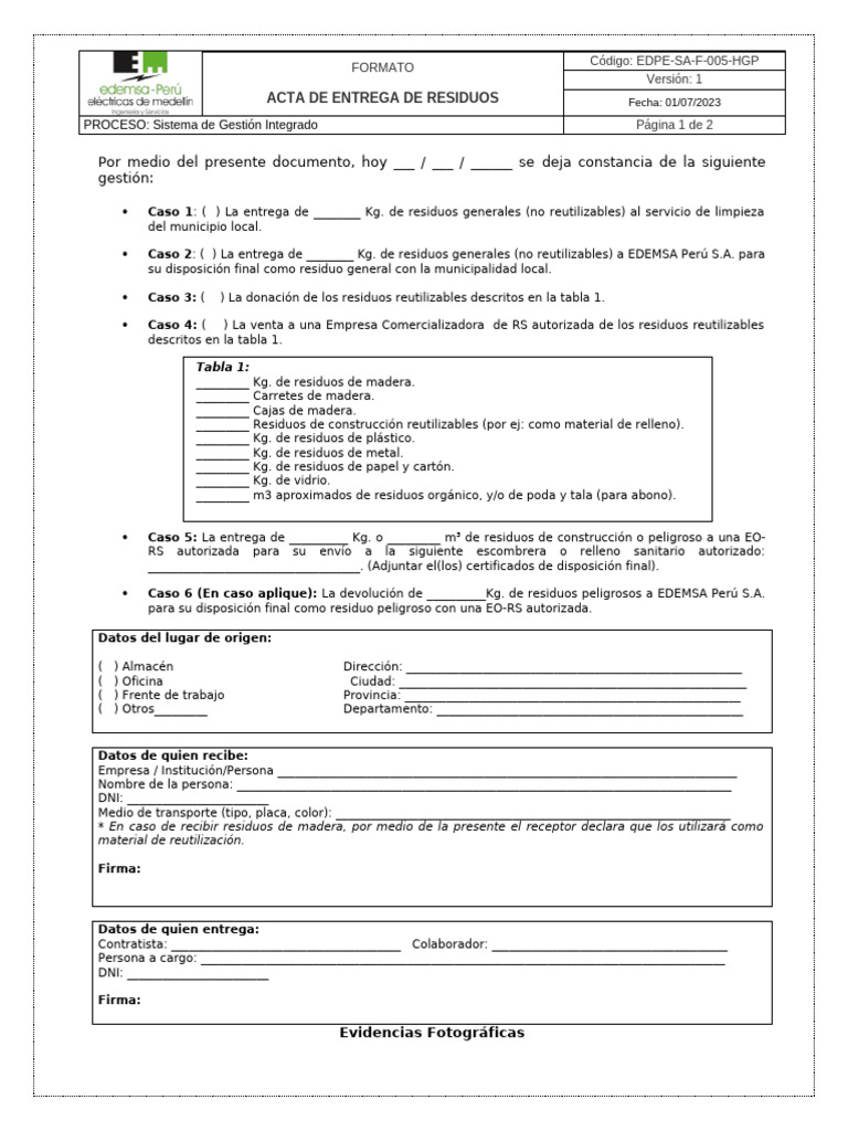 EDPE-SA-F-005-HGP Acta de Entrega de Residuos | PDF | Residuos | Materiales