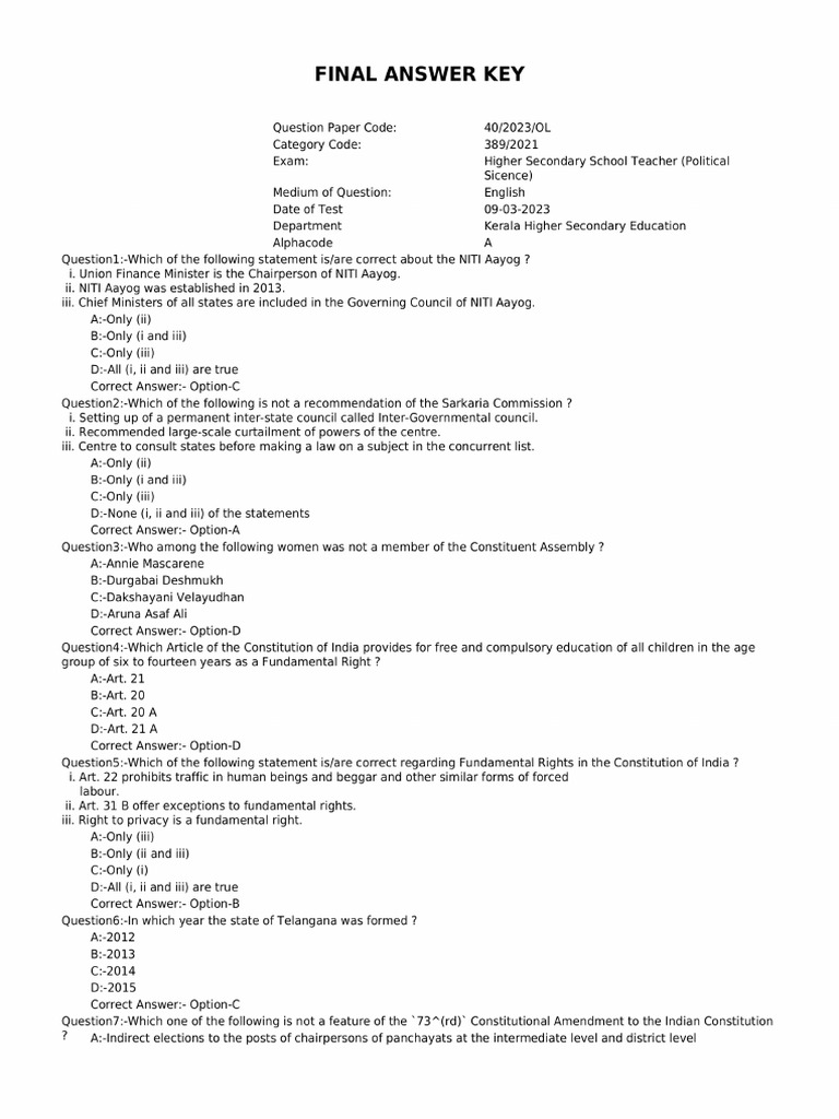 Final Answer Key Hsst Political Science Pdf