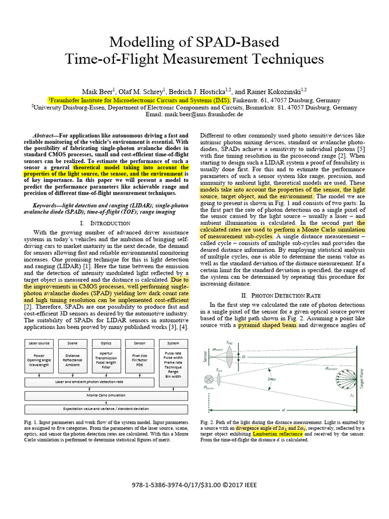 #2017 Modelling of SPAD-based Time-Of-flight Measurement Techniques | PDF | Photon | Laser