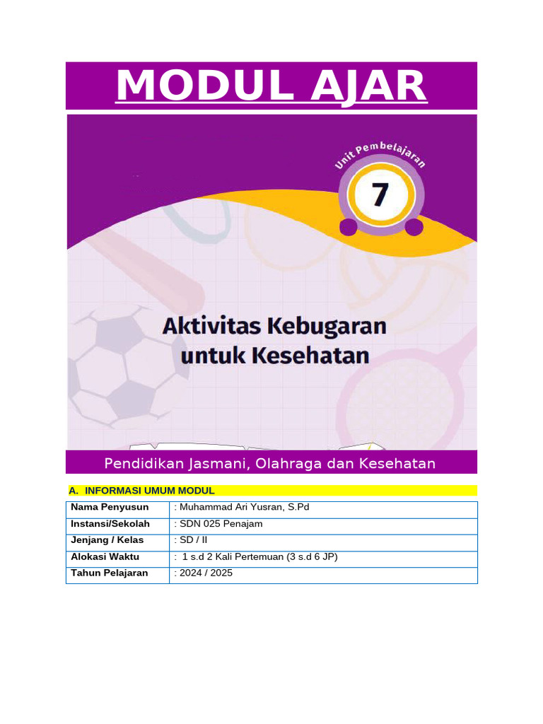 Modul Ajar Kelas 2 Unit Pembelajaran 7 Aktivitas Kebugaran Jasmani Yang ...
