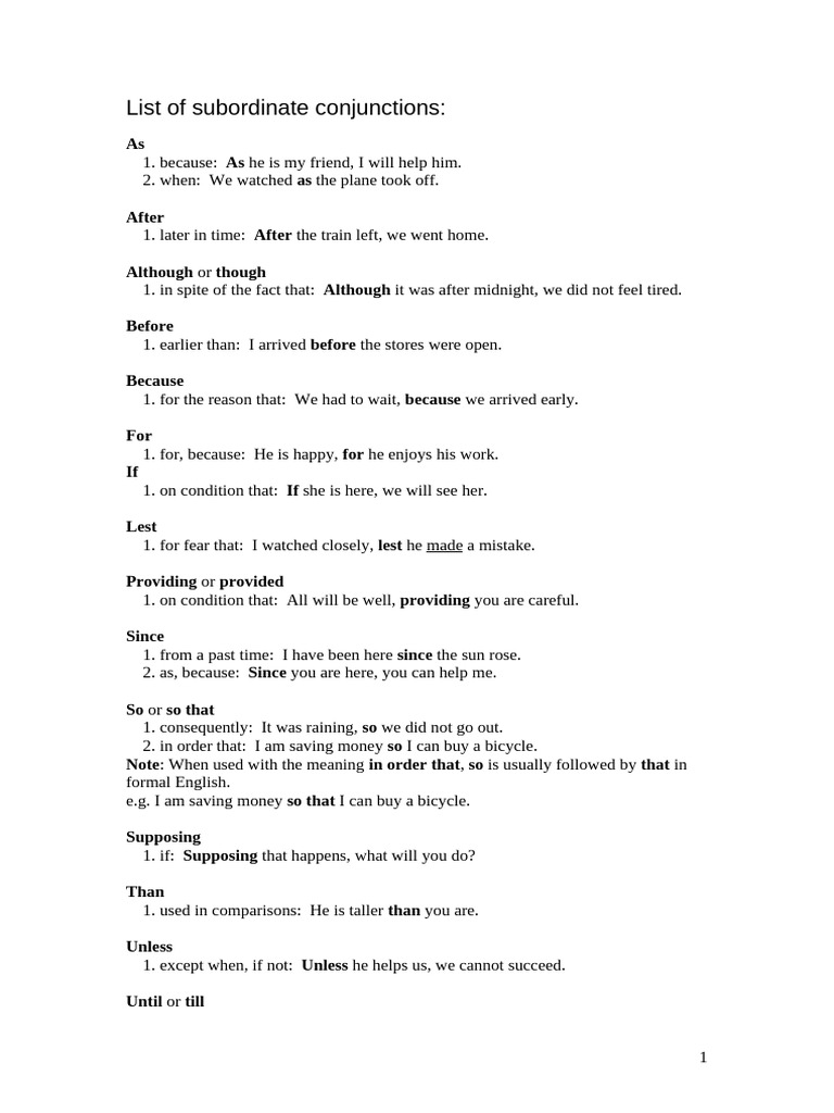 Course Language - English - Subordinate Conjunctions List | PDF ...