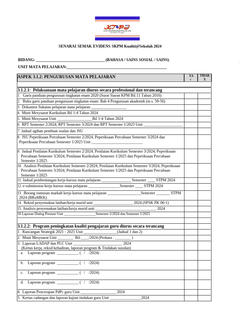 Senarai Semak Eviden Unit MP Ktepj 2024 | PDF