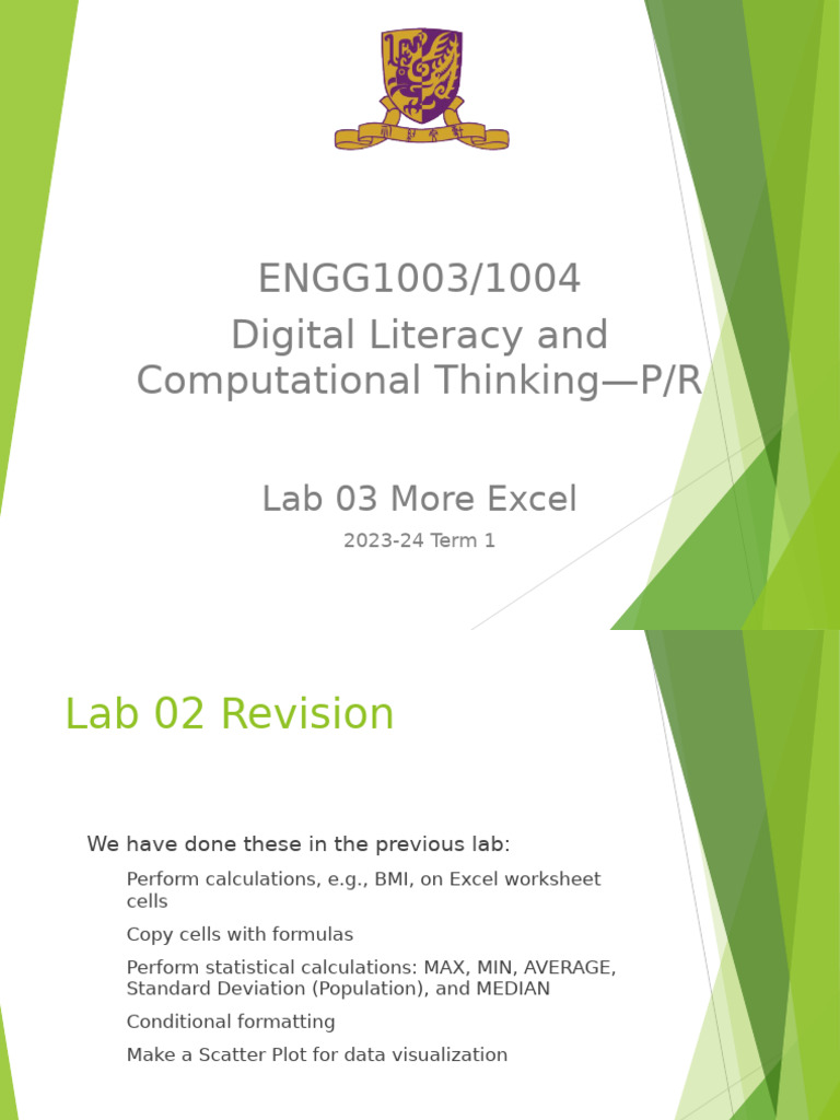 ENGG1003_Lab03_MoreExcel | PDF | Microsoft Excel | Computing