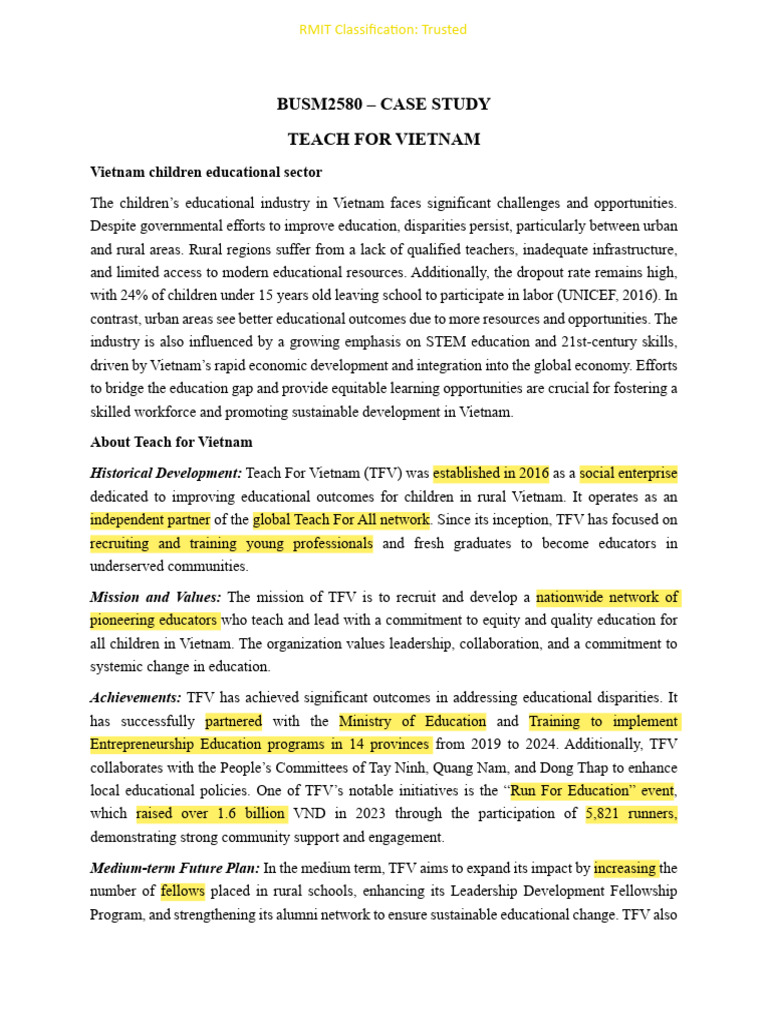 BUSM2580 - Case Study - Teach For Vietnam | PDF | Vietnam | Sustainability