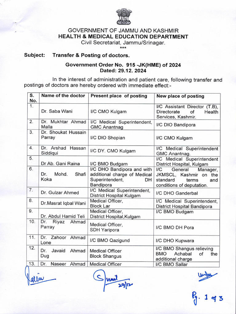 Transfer and Posting of Doctors GO No. (915) - 0001 | PDF
