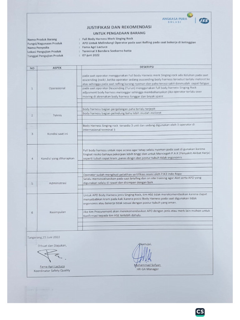 Justifikasi Full Body Harness merk singing rock | PDF