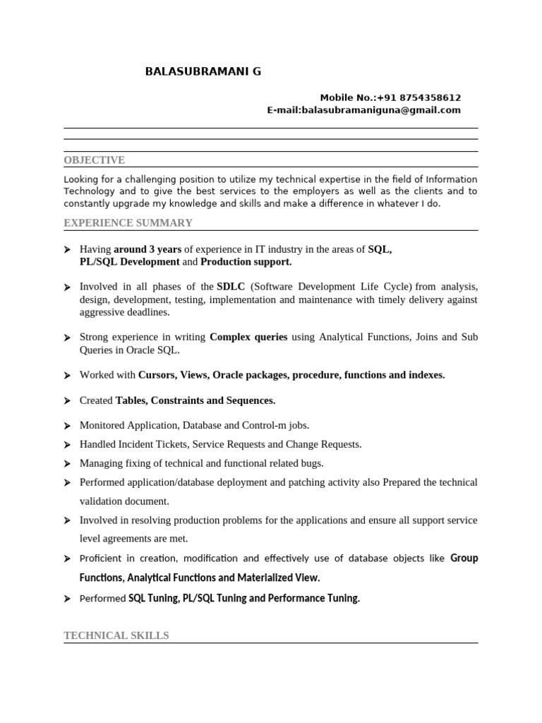 Balakrishnan Resume | PDF | Pl/Sql | Sql