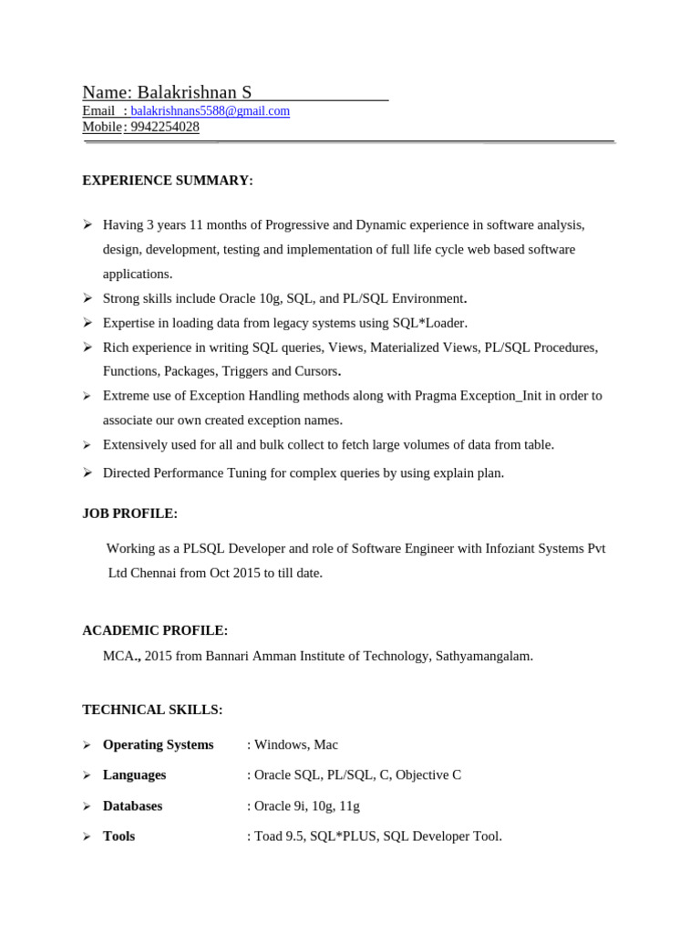 Bala Resume | PDF | Pl/Sql | Sql