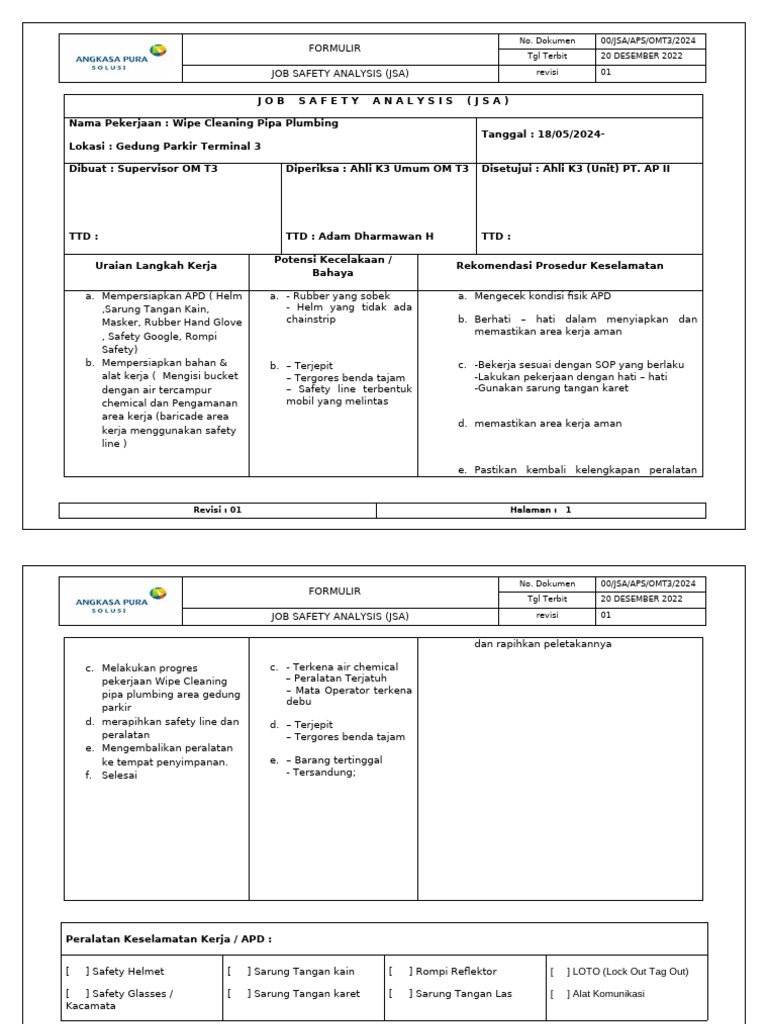 Daily Report JSA Wipe Cleaning Pipa Plumbing | PDF
