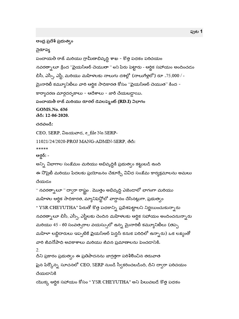 YSR Cheyutha Telugu Guidelines | PDF