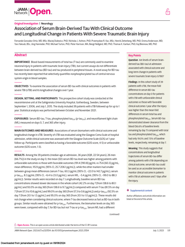 2023 Serum Brain-Derivedtau ClinOutcome | PDF | Biomarker (Medicine ...
