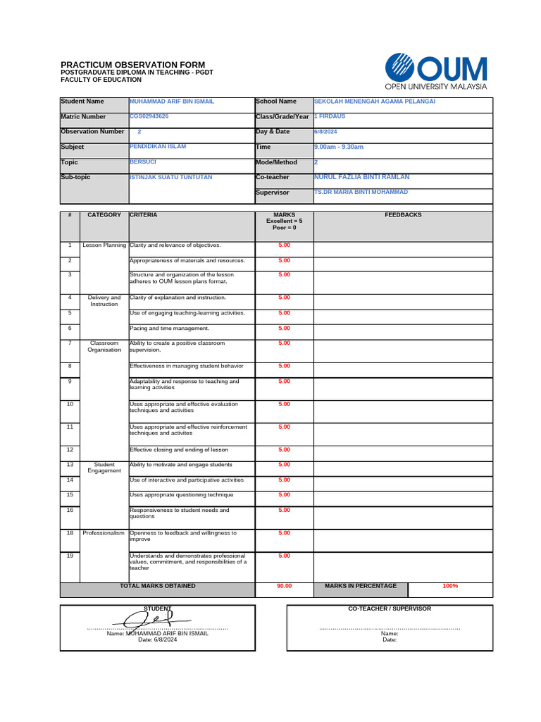 2024 FOE Practicum Observation 2 Form - PGDT | PDF | Learning | Behavior Modification