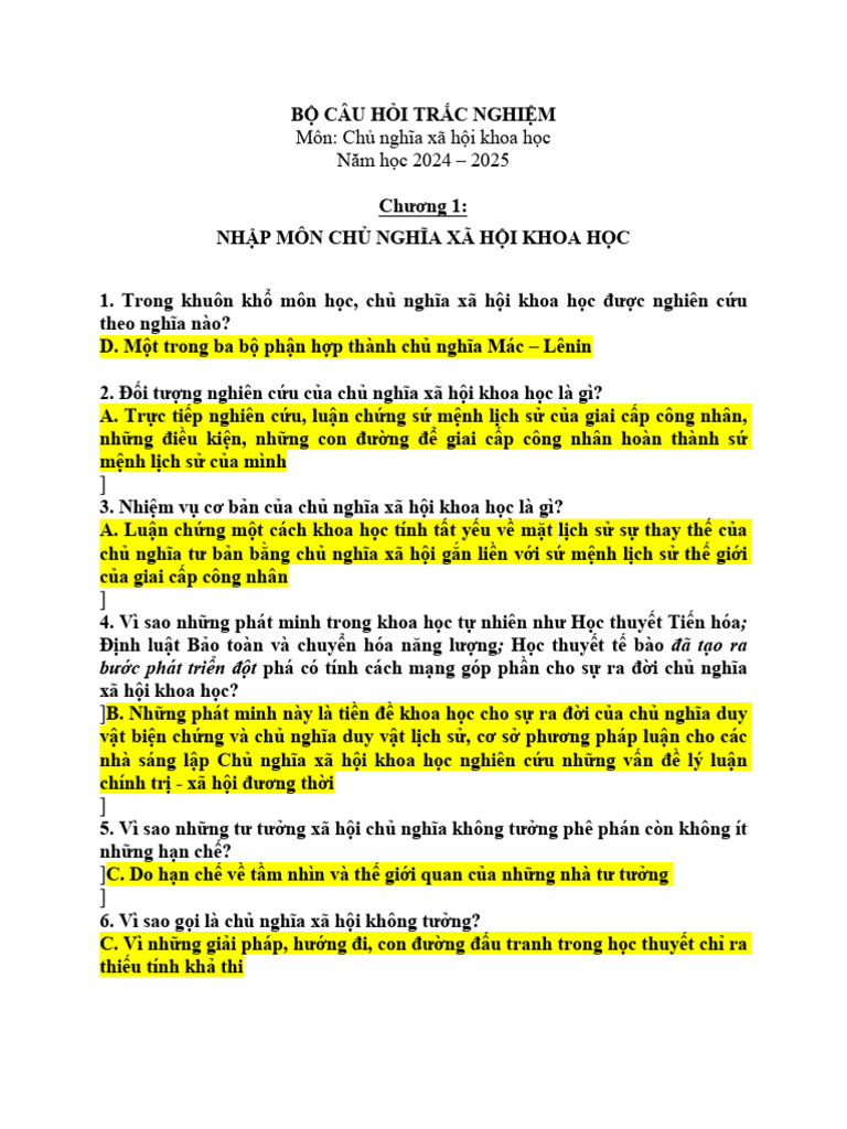 1. Bộ Câu Hỏi Tn Sinh Viên Không Đáp Án Cnxhkh | PDF