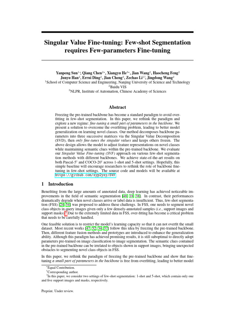 Singular Value Fine-Tuning: Few-Shot Segmentation | PDF | Image Segmentation | Applied Mathematics