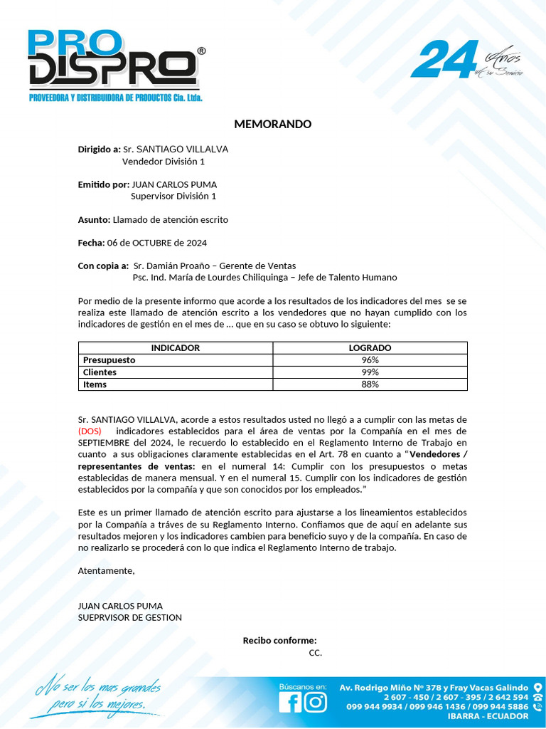 Llamado de Atención a Vendedor por Indicadores | PDF