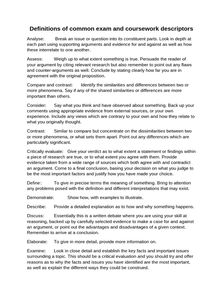 Definitions of Common Exam and Coursework Descriptors | PDF | Argument ...