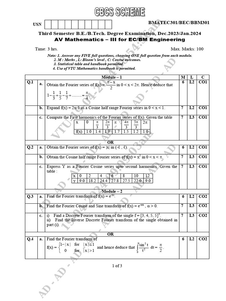 AV Mathematics - III For EC-BM Engineering BMATEC301-BEC-BBM301 Dec2023-Jan2024 | PDF ...