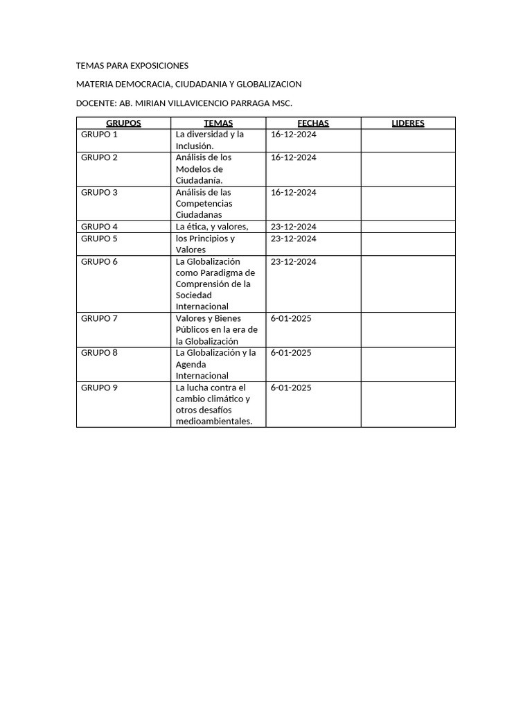 Temas para Exposiciones Materia Democracia 1-3 | PDF
