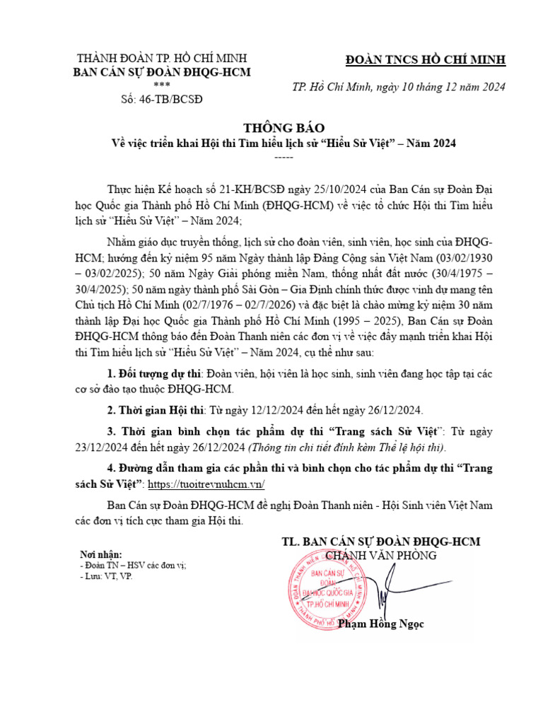 TB46 To Chuc Hoi Thi Tim Hieu Lich Su 2024 | PDF
