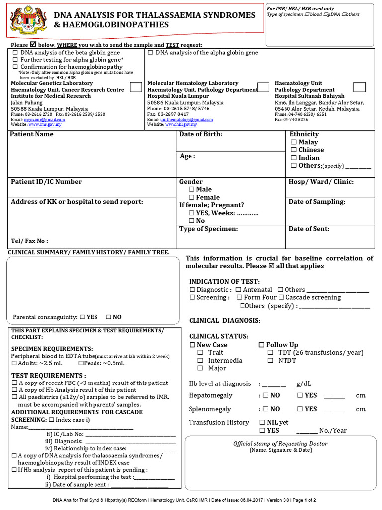 Borang DNA ANALYSIS & HEMOGLOBINOPATHIES FOR IMR HKL IKN | PDF