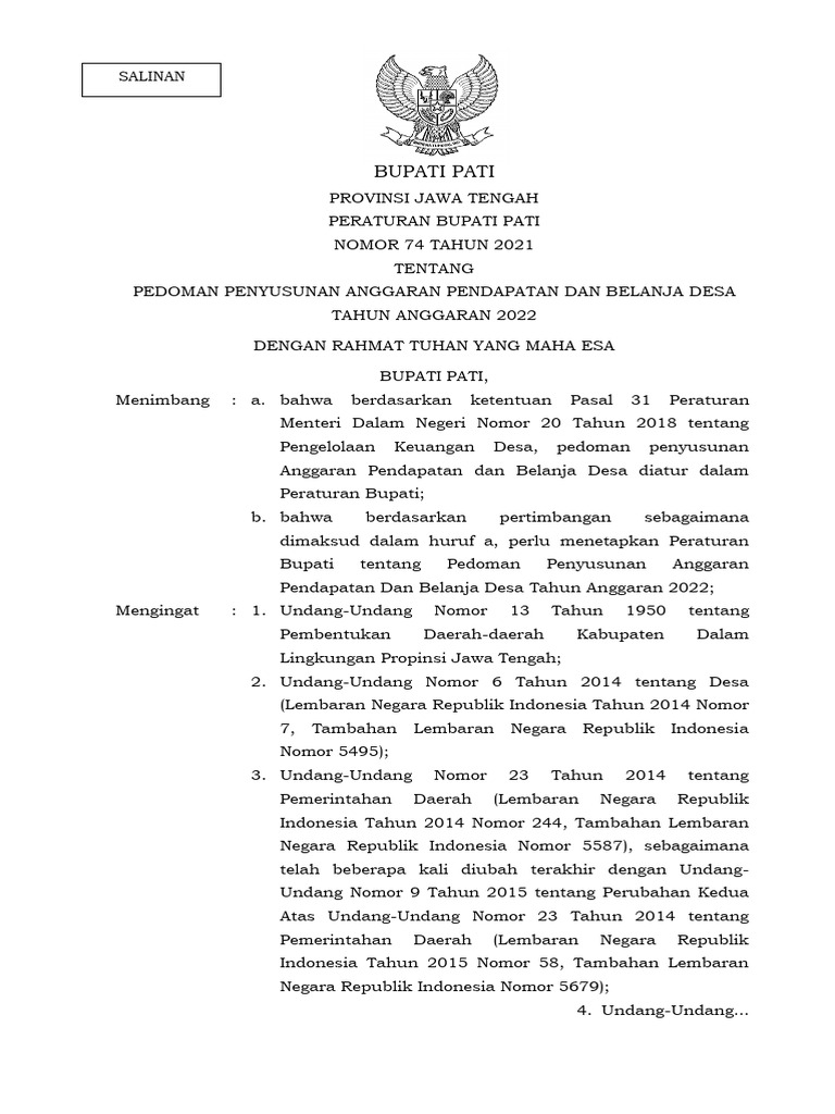 74 Perbup No 74 Tahun 2021 Tentang Pedoman Penyusunan Apbdes Tahun 2022 | PDF