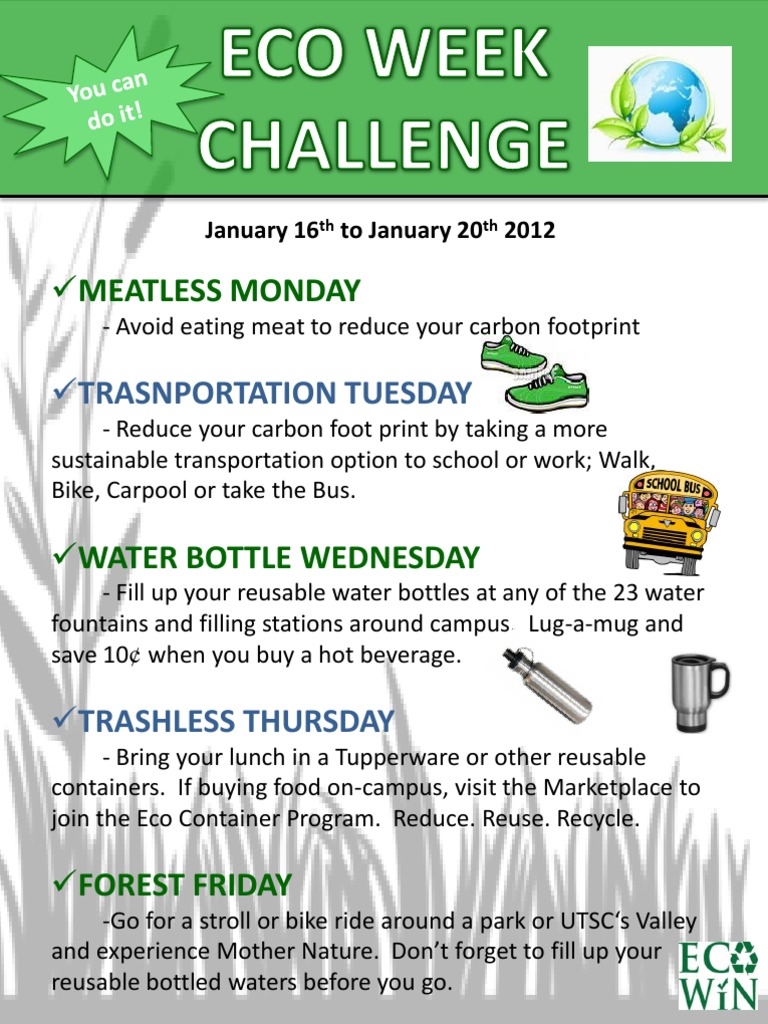 Eco Week Challenge: Daily Sustainability Tips | PDF | Wellness