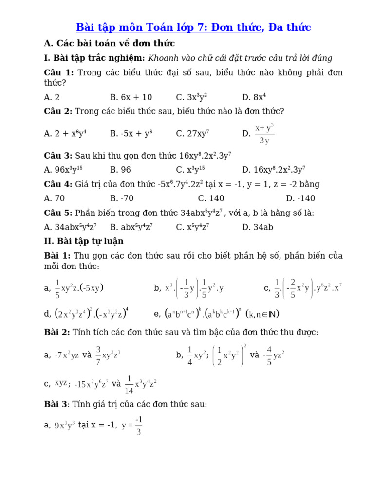 on tập đon thuc, da thuc | PDF