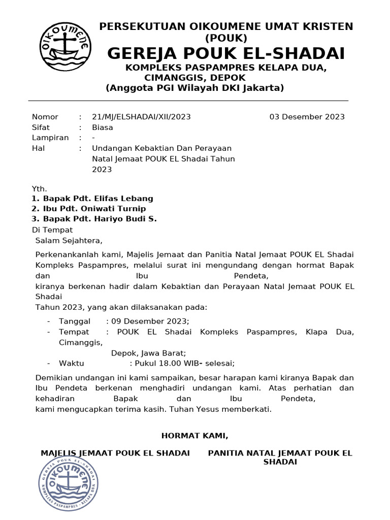 21-SURAT KELUAR POUK EL SHADAI-NATAL JEMAAT | PDF