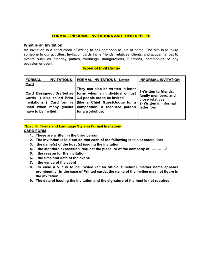 Invitation and Their Replies Notes | PDF