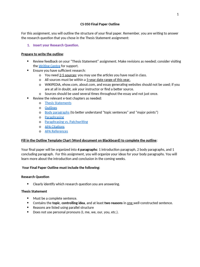 CS 050 Final Paper Outline Instructions | PDF | Citation | Apa Style