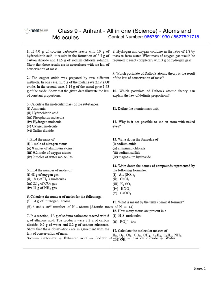 Class 9 Science: Atoms & Molecules Notes | PDF | Oxide | Molecules